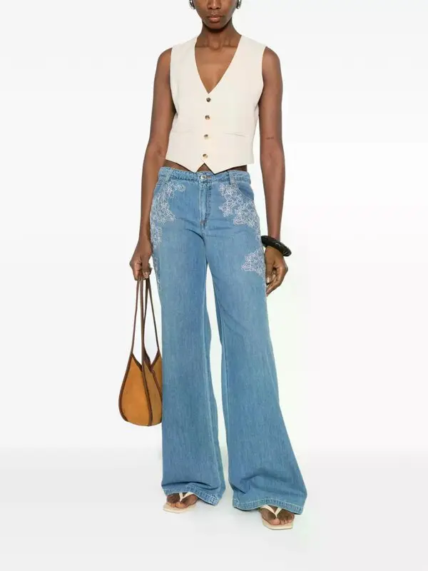 ERMANNO FIRENZE Floral Embroidered Wide Leg Jeans - Blue