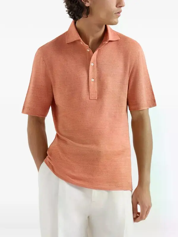 Brunello Cucinelli Linen And Cotton Mélange Jersey Polo With Shirt-style Collar - Orange