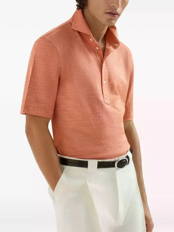 Brunello Cucinelli Linen And Cotton Mélange Jersey Polo With Shirt-style Collar - Orange