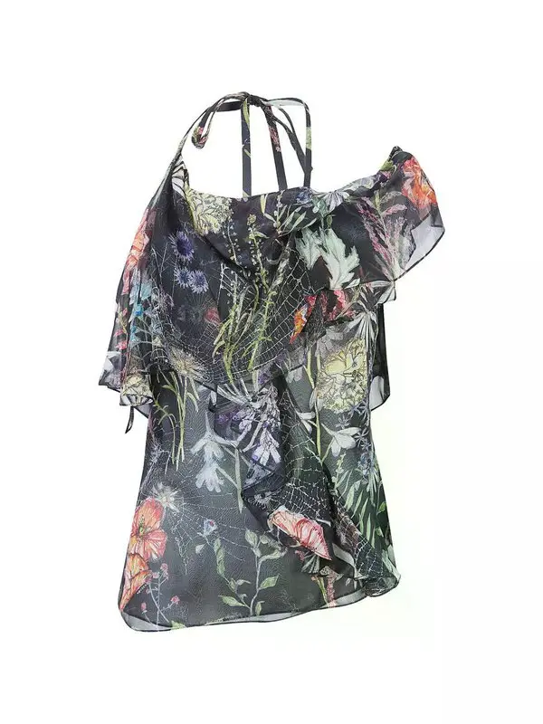 Alexander McQueen Asymmetric Floral Print Top - Black