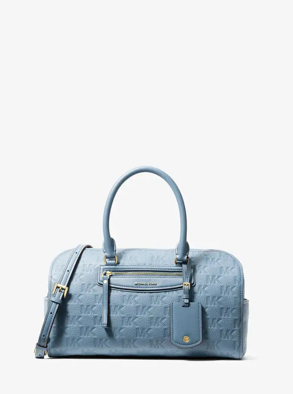 Michael Kors Jet Set Travel Medium Logo Embossed Leather Duffel Crossbody Bag - Blue