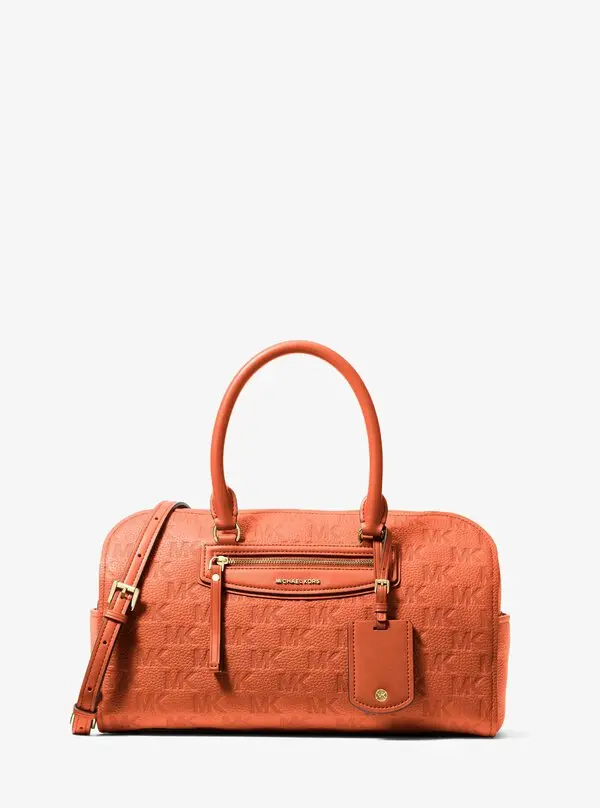 Michael Kors Jet Set Travel Medium Logo Embossed Leather Duffel Crossbody Bag - Orange