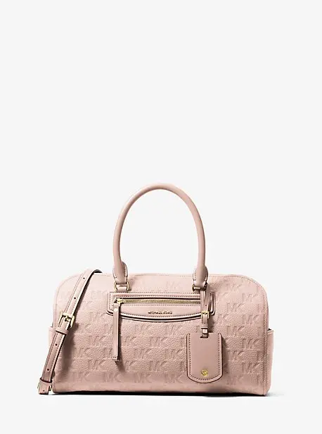 Michael Kors Jet Set Travel Medium Logo Embossed Leather Duffle Crossbody Bag - Pink