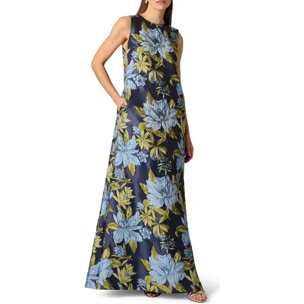 Aidan Mattox Floral Jacquard Trapeze Gown - Blue Multi