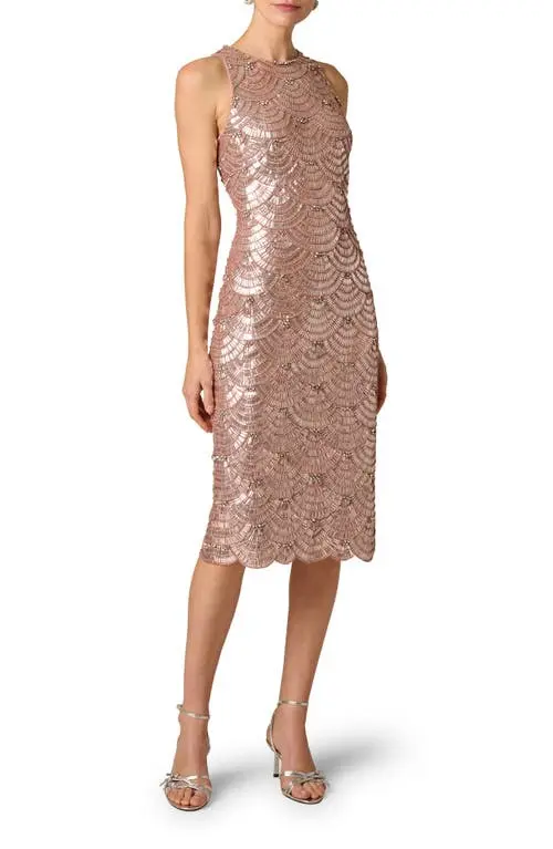 Aidan Mattox Beaded Sleeveless Midi Dress - Rose Gold