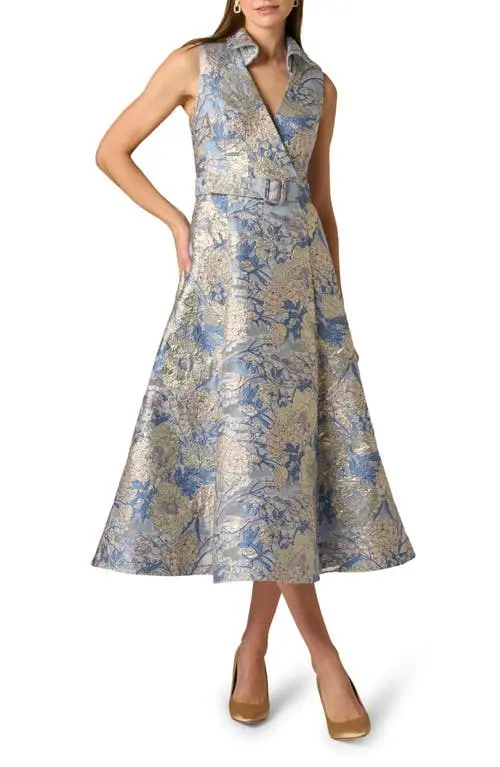 Aidan Mattox Floral Jacquard Midi Dress - Blue Multi