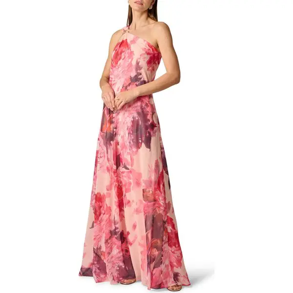 Aidan Mattox Printed One-shoulder Chiffon Gown
