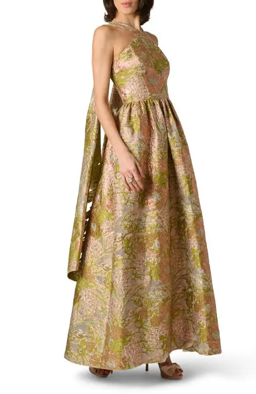 Aidan Mattox Metallic Floral Jacquard Halter Gown