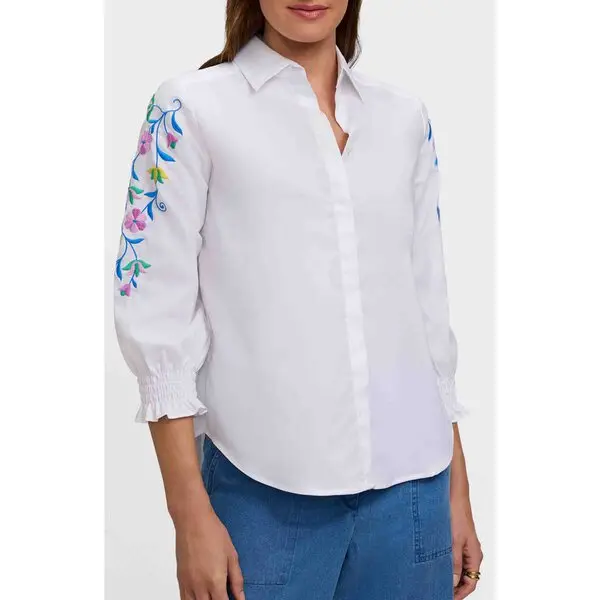 Foxcroft Olivia Embroidered Sleeve Stretch Cotton Blend Button-up Shirt - White
