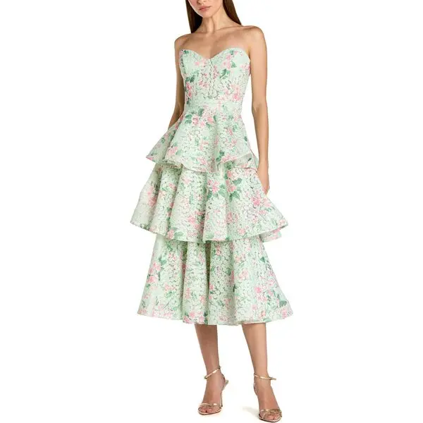 Mac Duggal Floral Net Strapless Tiered Ruffle Midi Dress - Mint Multi