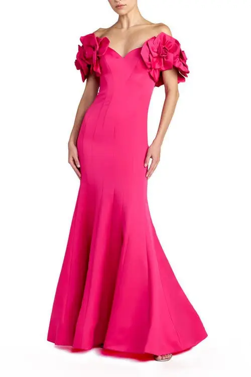Mac Duggal Satin Off-the-shoulder Trumpet Gown With Floral Detail - Hot Pink