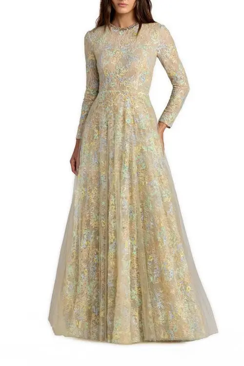 Mac Duggal Long Sleeve Embellished Lace A-line Gown - Nude Multi