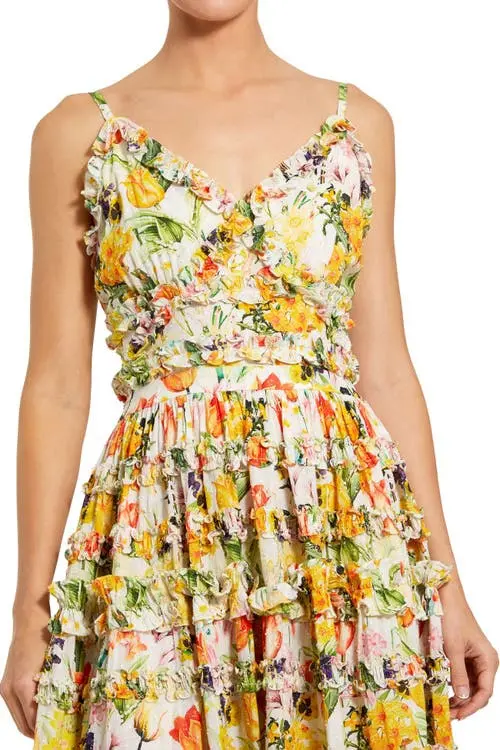 Mac Duggal Floral Print Ruffle Tiered Midi Dress - Yellow Multi