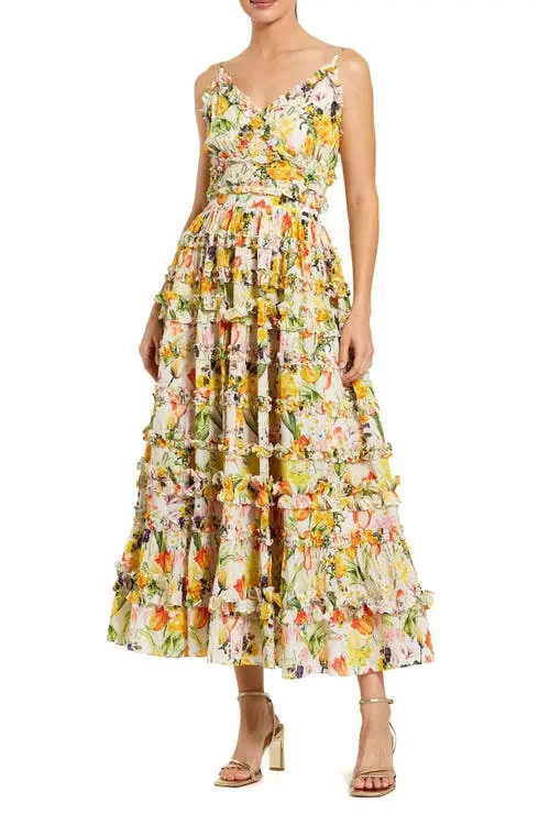 Mac Duggal Floral Print Ruffle Tiered Midi Dress - Yellow Multi
