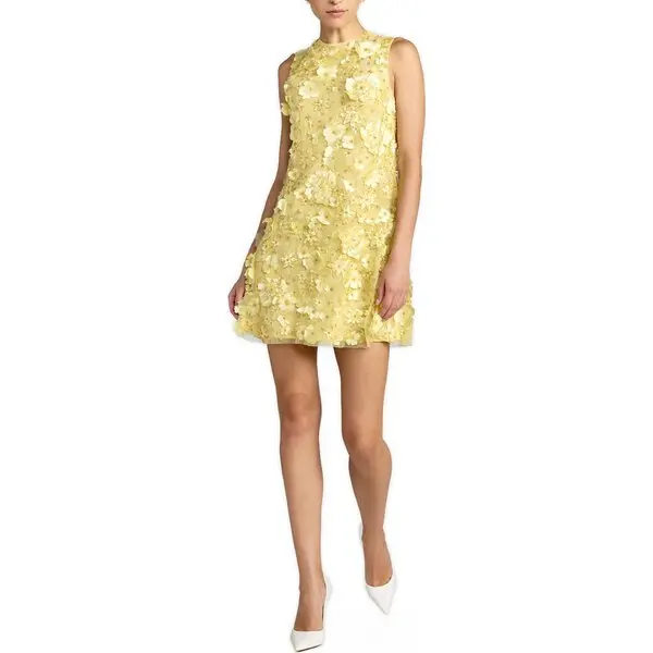 Mac Duggal Floral Beaded Mesh Trapeze Mini Dress - Yellow