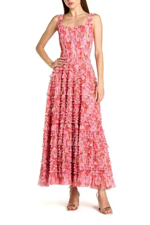 Mac Duggal Floral Printed Ruffle Tiered Maxi Dress - Cherry Multi