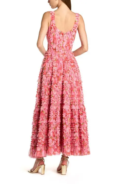 Mac Duggal Floral Printed Ruffle Tiered Maxi Dress - Cherry Multi