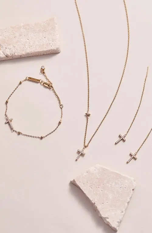 ALEX AND ANI Delicate Pave Cross Threader Earrings