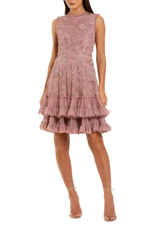 Mac Duggal High Neck Sleeveless Beaded Dress With Ruffled Hem - Antique Rose