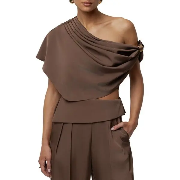 JLUXLABEL Draped One-shoulder Top With Cuff Detail - Chocolate