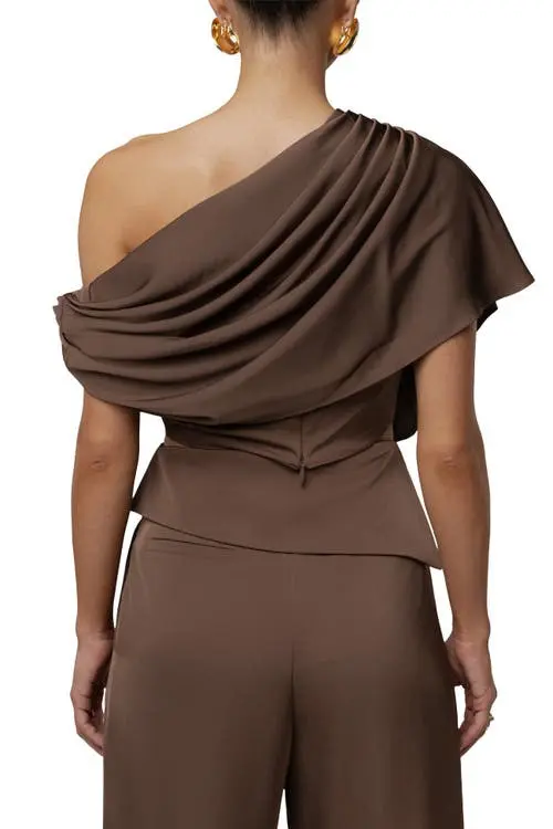 JLUXLABEL Draped One-shoulder Top With Cuff Detail - Chocolate