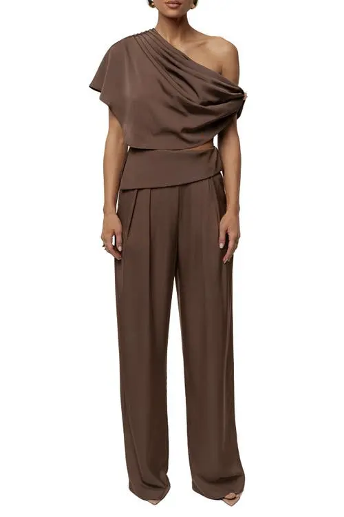 JLUXLABEL Draped One-shoulder Top With Cuff Detail - Chocolate