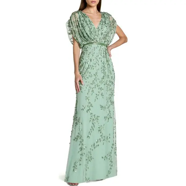 Mac Duggal Beaded V-neck Blouson Gown - Seafoam