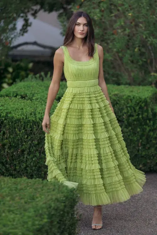Mac Duggal Micro Ruffle Sleeveless Tiered Maxi Dress - Apple Green