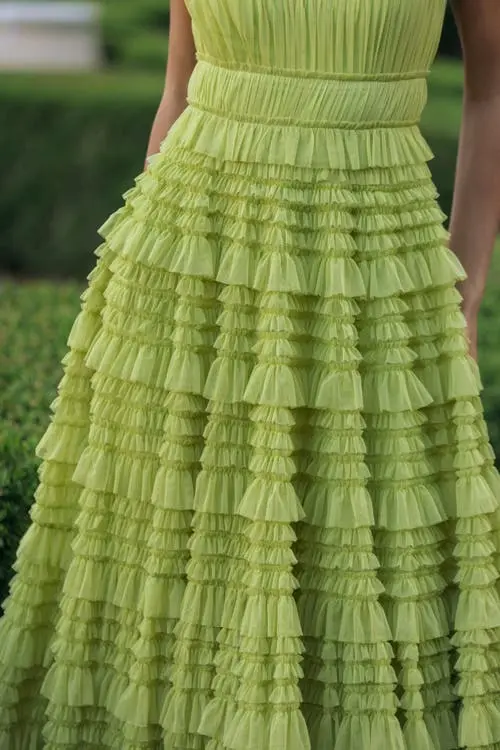 Mac Duggal Micro Ruffle Sleeveless Tiered Maxi Dress - Apple Green