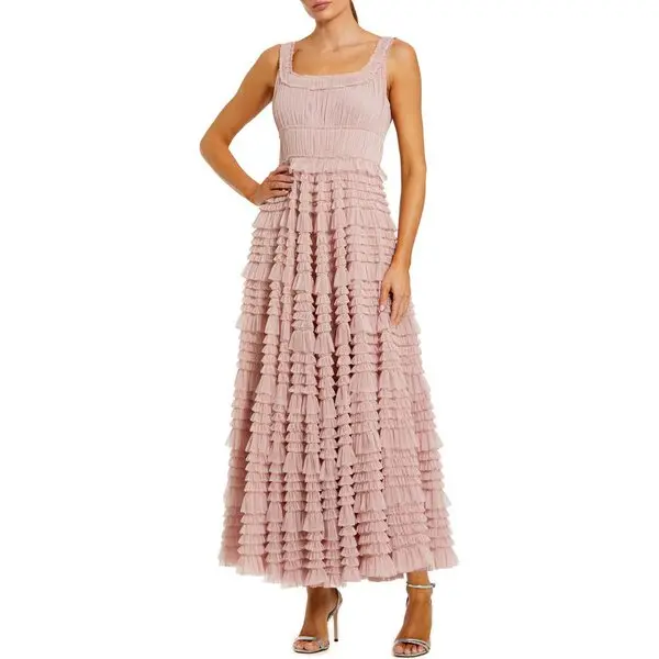 Mac Duggal Micro Ruffle Sleeveless Tiered Maxi Dress - Rose