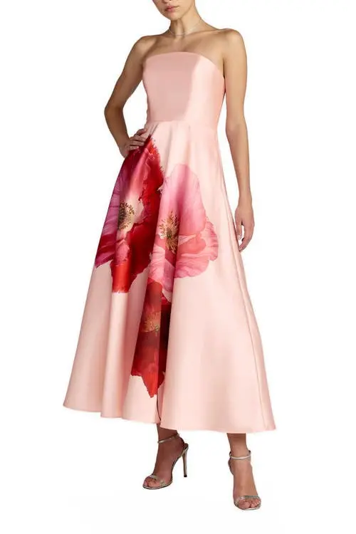 Mac Duggal Strapless A Line Midi Dress With Flower Print - Blush Multi