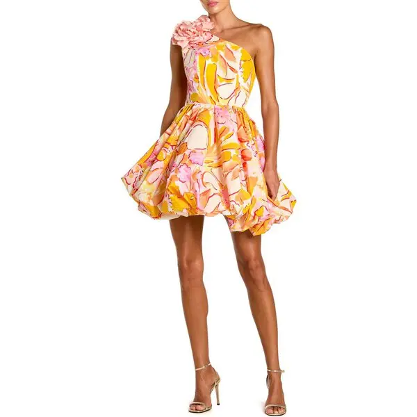 Mac Duggal Floral One-shoulder Faille Mini Dress - Sunshine Multi