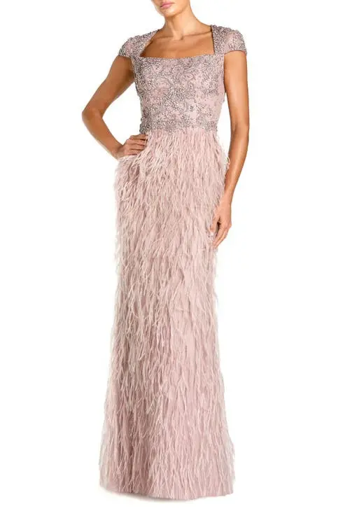 Mac Duggal Embellished Cap Sleeve Feather Gown - Mocha