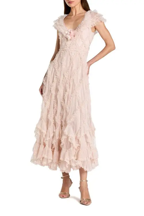 Mac Duggal Micro Ruffle Cap Sleeve A-line Midi Dress - Blush