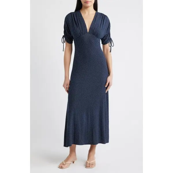 Loveappella Ruched Sleeve Empire Waist Maxi Dress - Navy