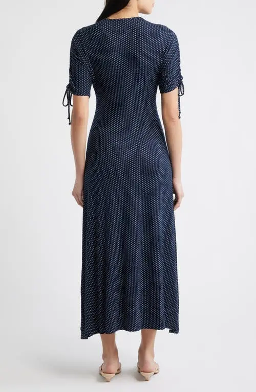 Loveappella Ruched Sleeve Empire Waist Maxi Dress - Navy