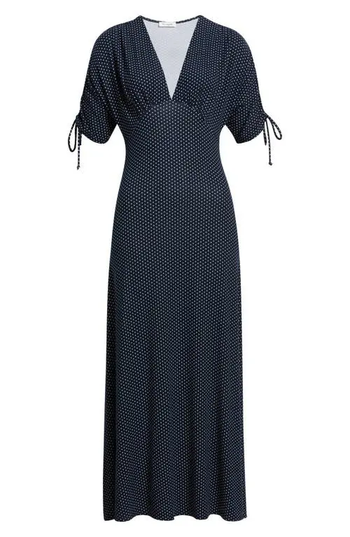 Loveappella Ruched Sleeve Empire Waist Maxi Dress - Navy
