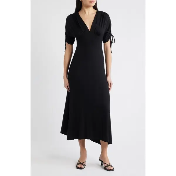 Loveappella Ruched Sleeve Empire Waist Maxi Dress - Black