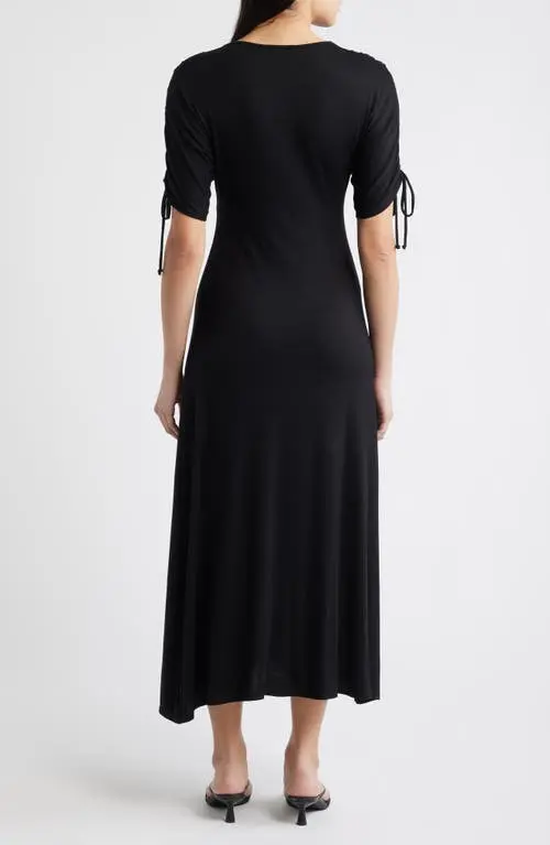 Loveappella Ruched Sleeve Empire Waist Maxi Dress - Black