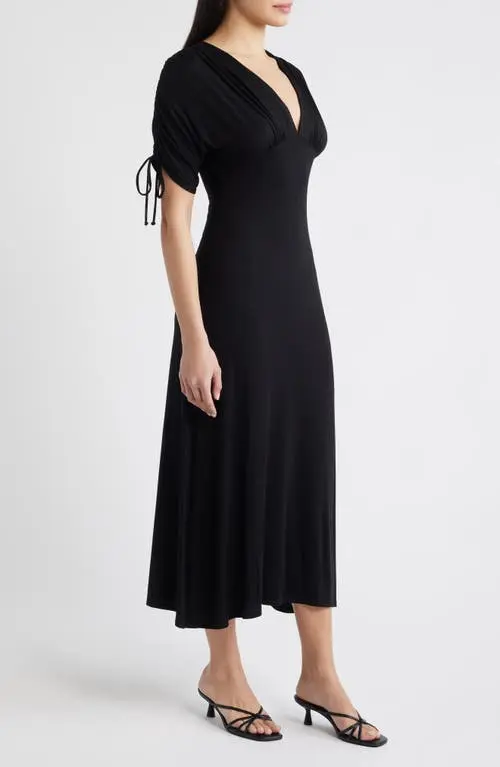 Loveappella Ruched Sleeve Empire Waist Maxi Dress - Black