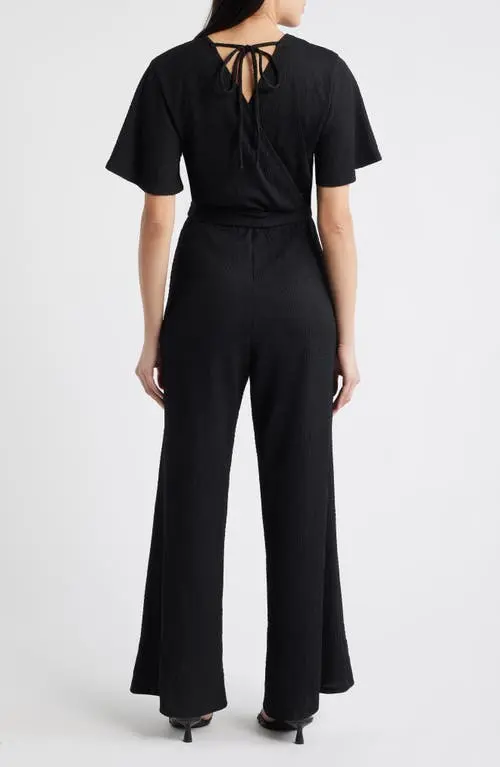 Loveappella Flutter Sleeve Textured Knit Jumpsuit - Black