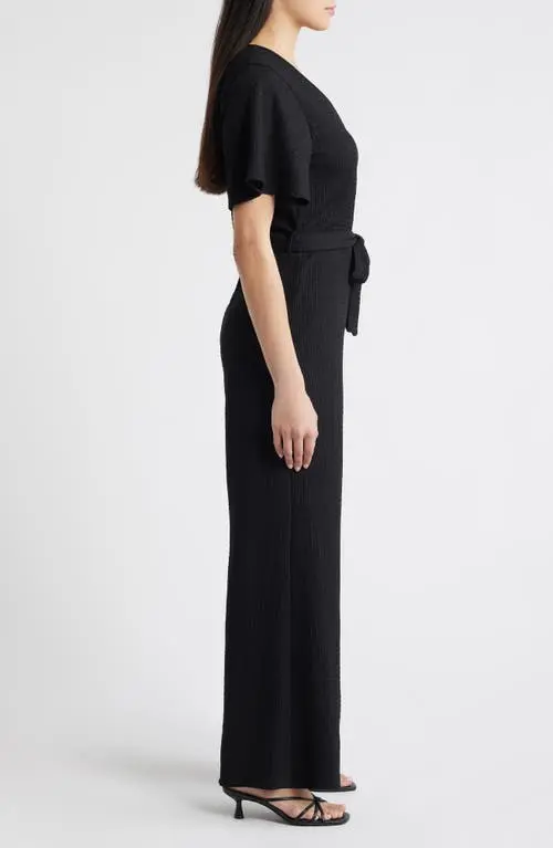 Loveappella Flutter Sleeve Textured Knit Jumpsuit - Black