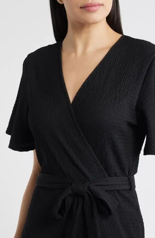 Loveappella Flutter Sleeve Textured Knit Jumpsuit - Black