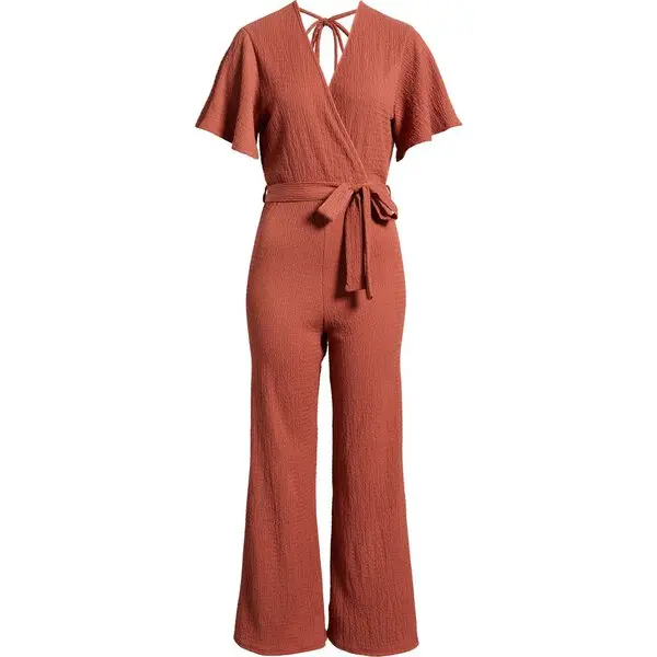 Loveappella Flutter Sleeve Textured Knit Jumpsuit - Marsala