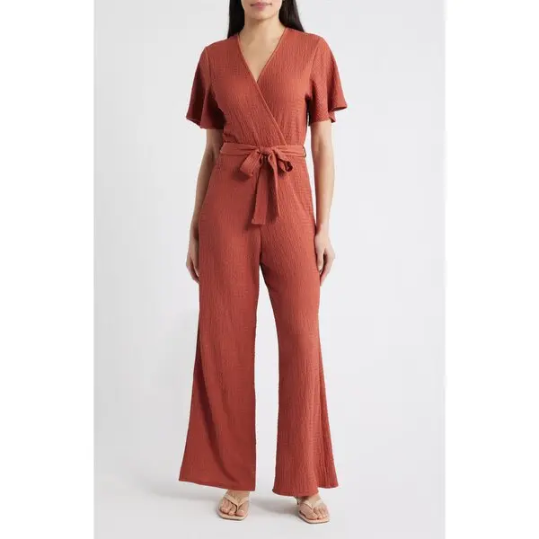 Loveappella Flutter Sleeve Textured Knit Jumpsuit - Marsala