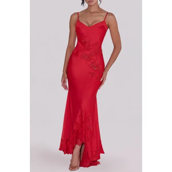 House Of Cb Anastelle Bead Embellished Satin Mermaid Gown - Red