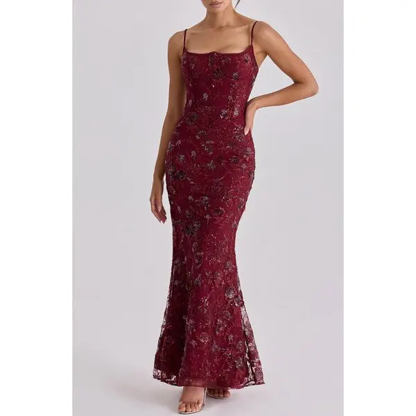 House Of Cb Naima Hand-beaded Gown - Wine