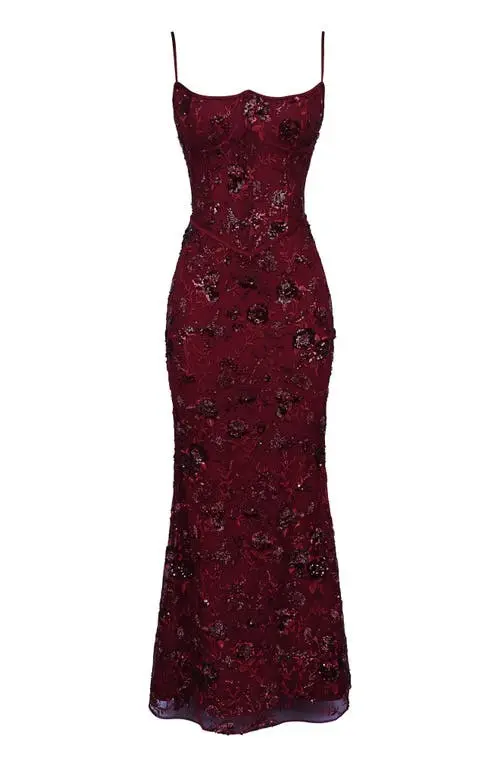 House Of Cb Naima Hand-beaded Gown - Wine