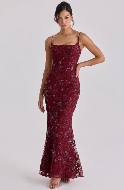 House Of Cb Naima Hand-beaded Gown - Wine