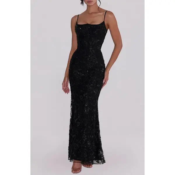 House Of Cb Naima Beaded Gown - Black